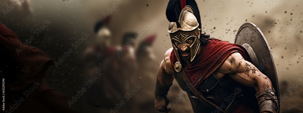 Generative AI, Realistic illustration of a fierce gladiator attacking, running. Armoured roman ...