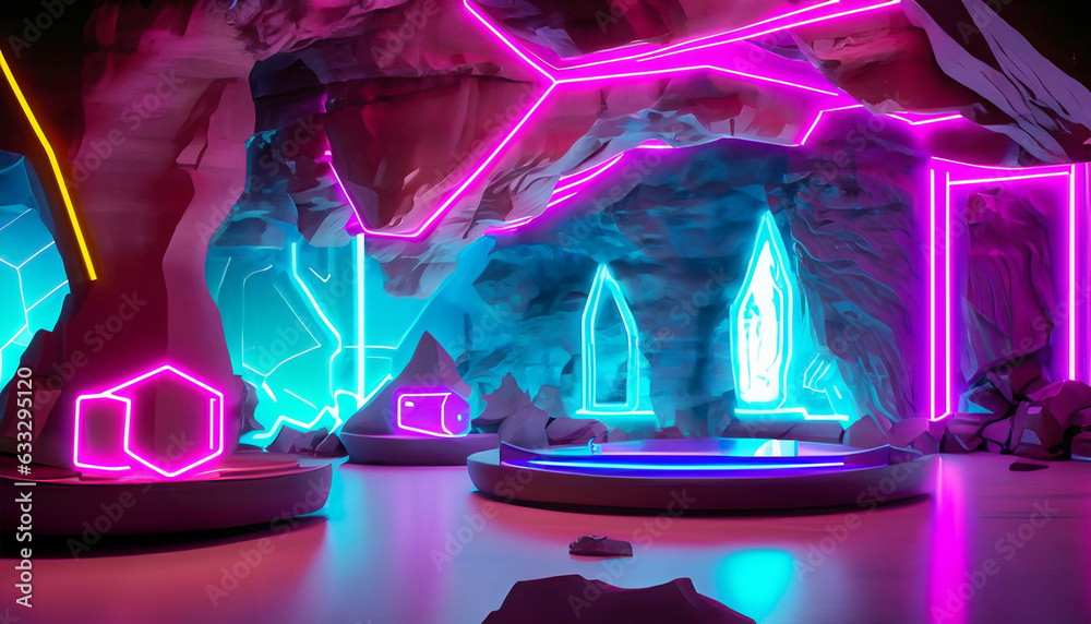 A futuristic cave interior with neon-lit crystals, holographic displays ...