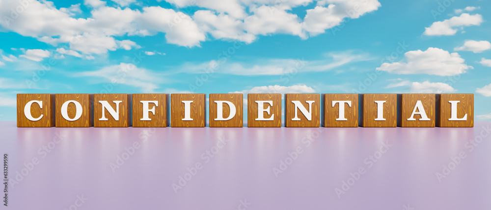 Confidential. Cloudy sky, wooden dices, white capital letters and the ...