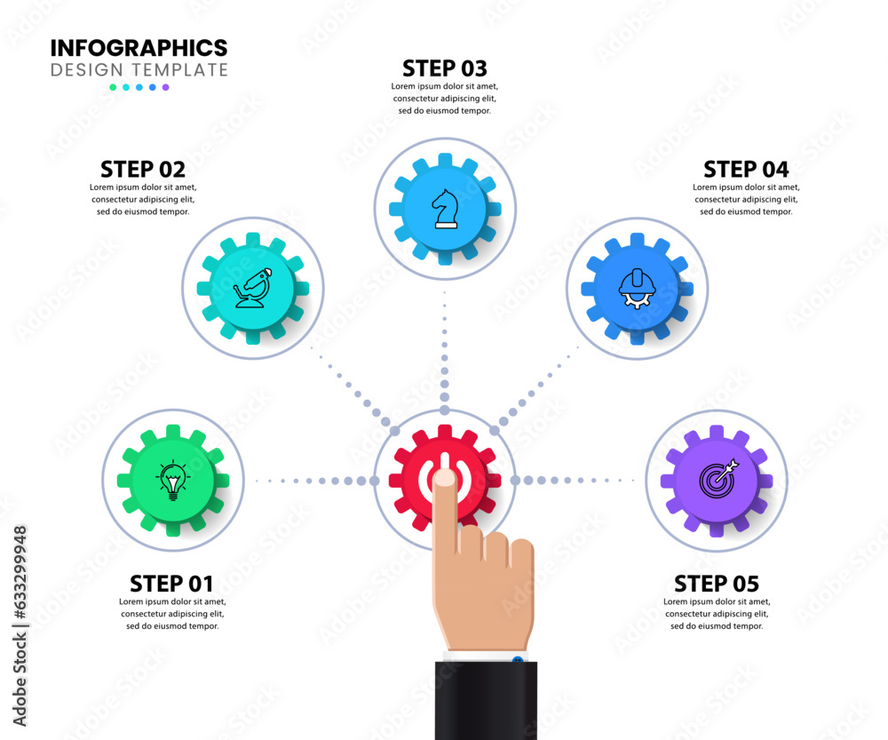 Infographic template. Finger with power button and 5 gears Stock Vector ...