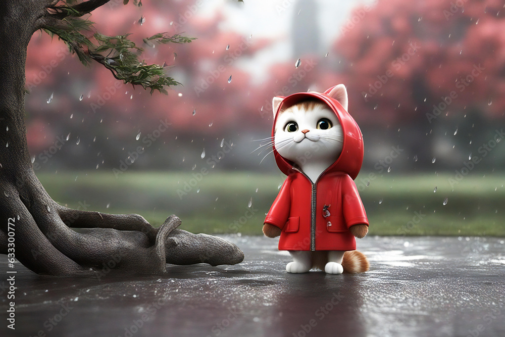 Cute and adorable cartoon kitten in the rain wearing raincoat, fantasy ...