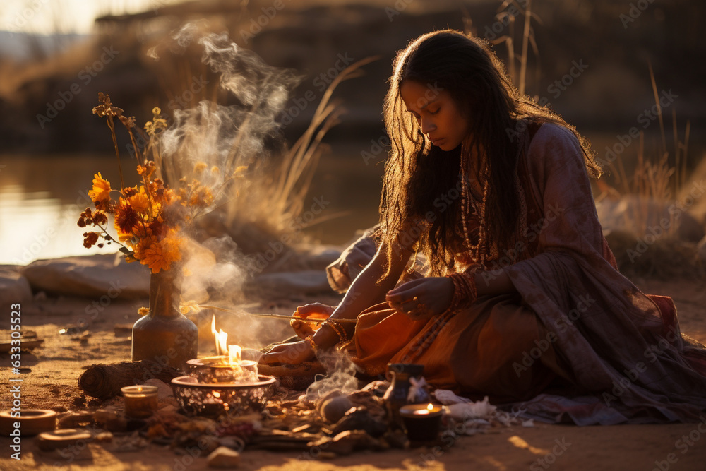 person making a sacred offering at a revered site, expressing their ...