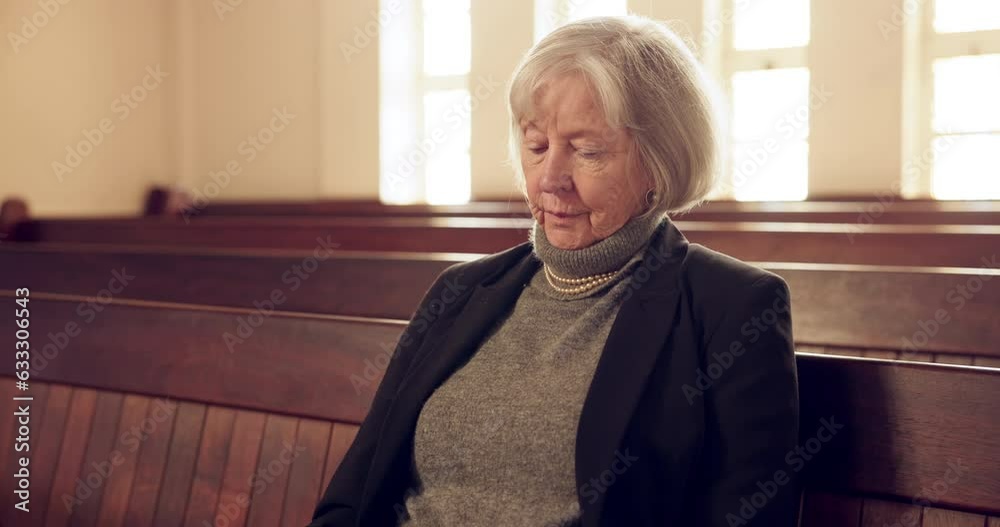 Religion, christian and senior woman in a church for a service for ...