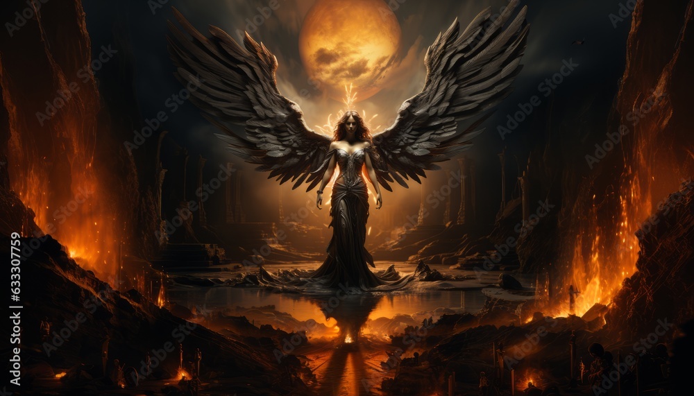 An angel, an archangel in the form of a stone female statue stands in a ...