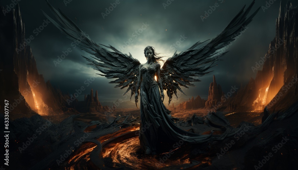 An angel, an archangel in the form of a stone female statue stands in a ...