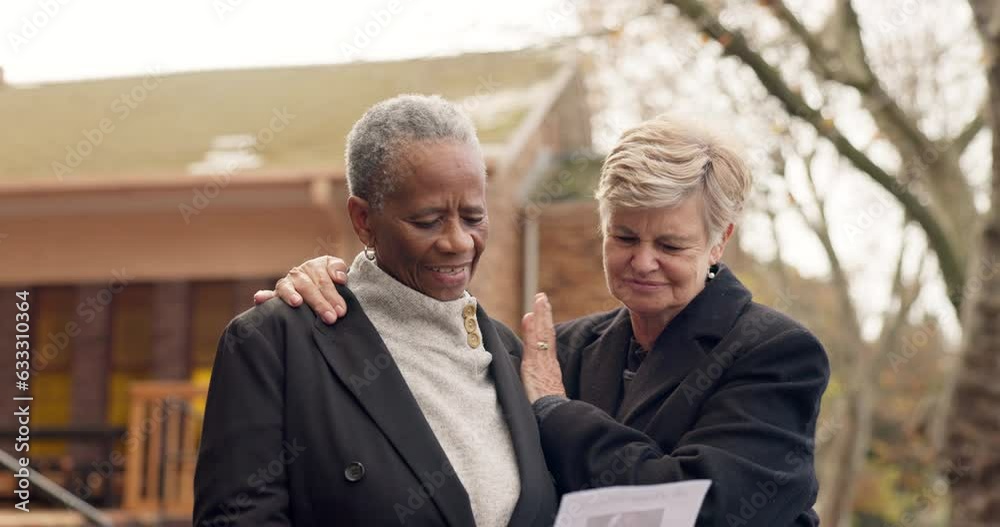 Funeral, sad and senior women by church hug for empathy, comforting and ...