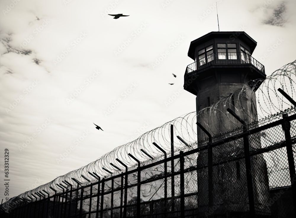 Foto de Prison watchtower protected by wire of prison fence.White ...