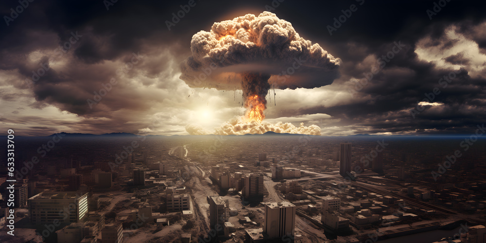 Nuclear weapon. Explosion of a nuclear bomb over a city destroyed by ...