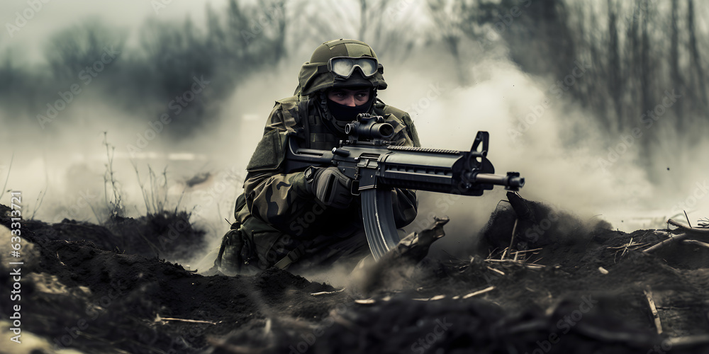 Soldier shooting with a rifle from the trench. Soldier defending the ...