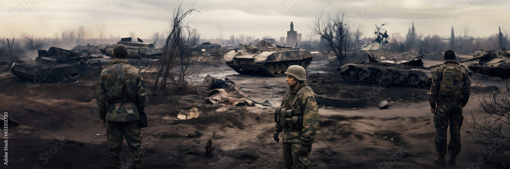Soldiers defending a city destroyed by war. Conflict between countries ...