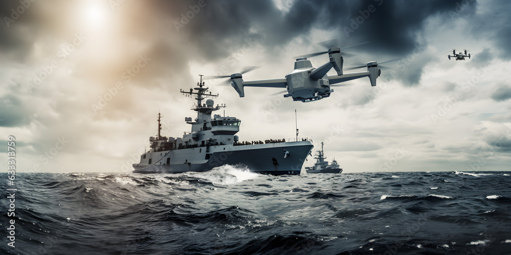 Warship at sea with attacking drones. War at sea. Marine soldiers ...