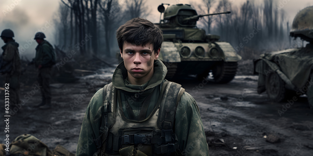 Young soldier with landscape destroyed by war. Tanks and soldiers ...