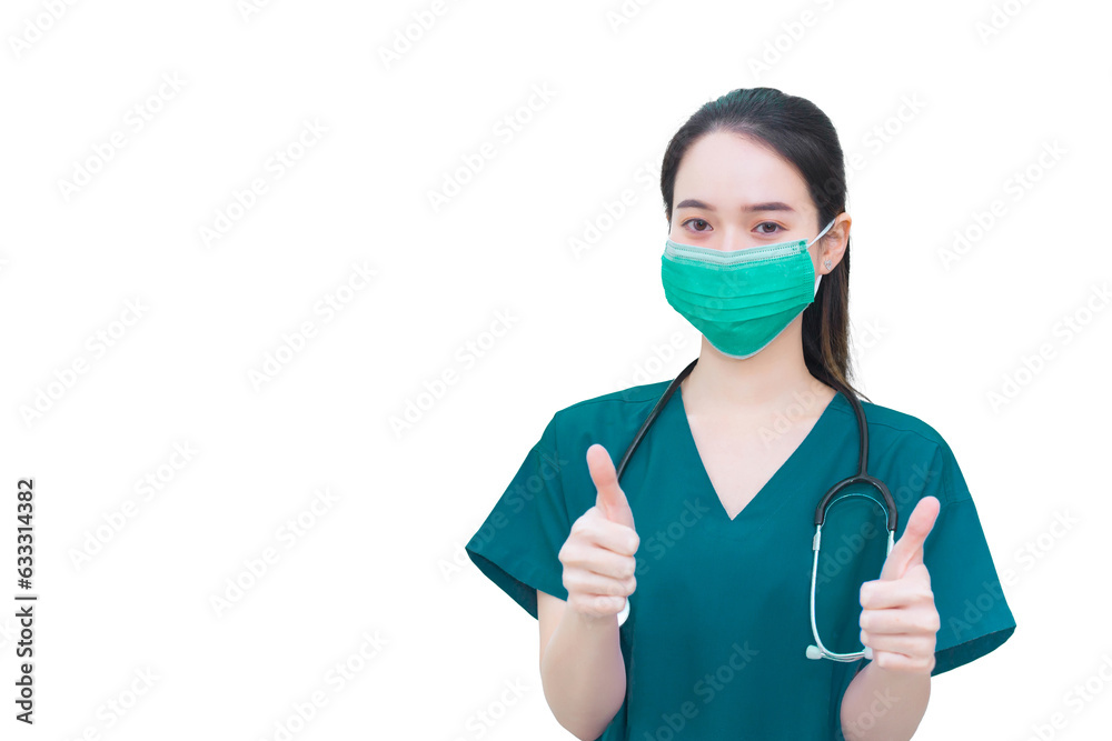 Young Asian female doctor wearing a medical mask is showing hand as ...