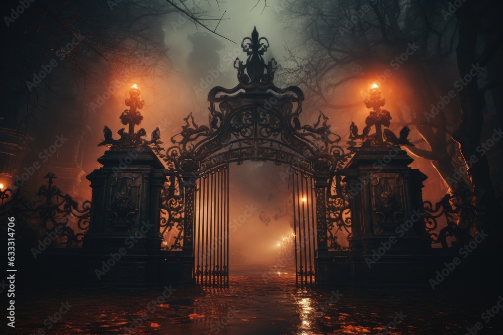 Gate with Halloween theme background. scary cemetery gate. Generative ...