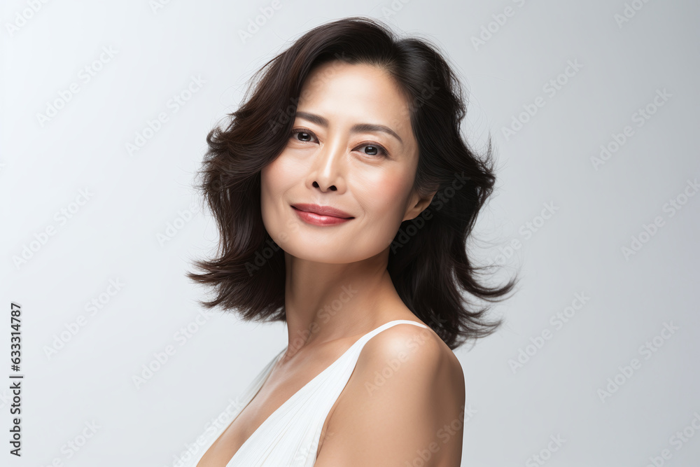 Japanese 30-40 years old woman with smooth healthy face skin. Skincare ...