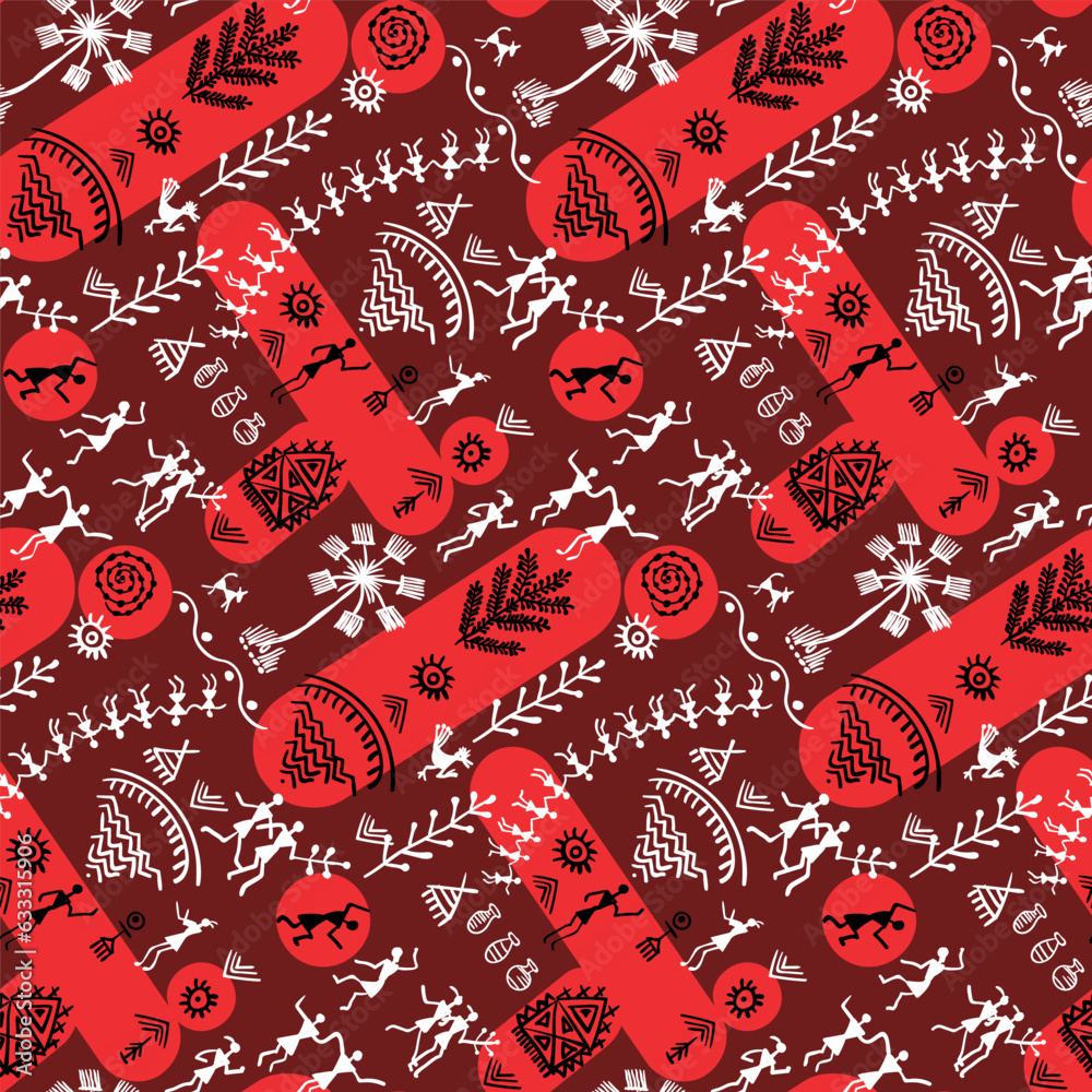 Warli painting seamless pattern - hand drawn traditional the ancient ...