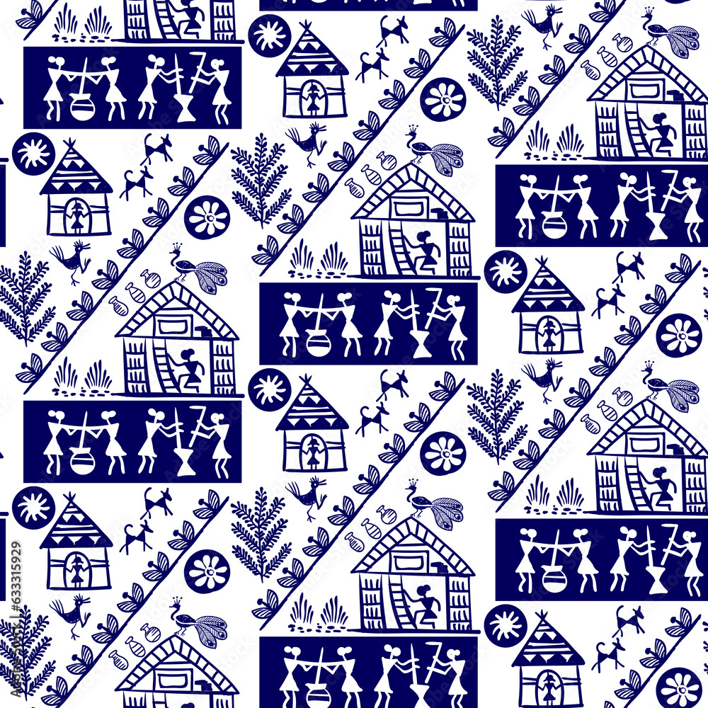 Warli painting seamless pattern - hand drawn traditional the ancient ...