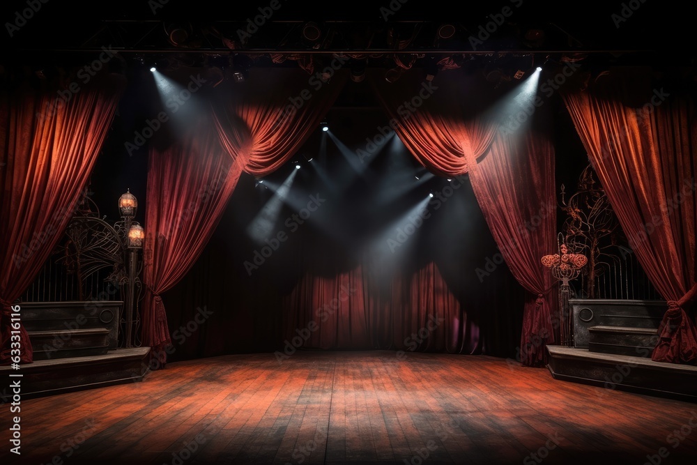 Empty scary stage with red curtains decorate with halloween theme. copy ...