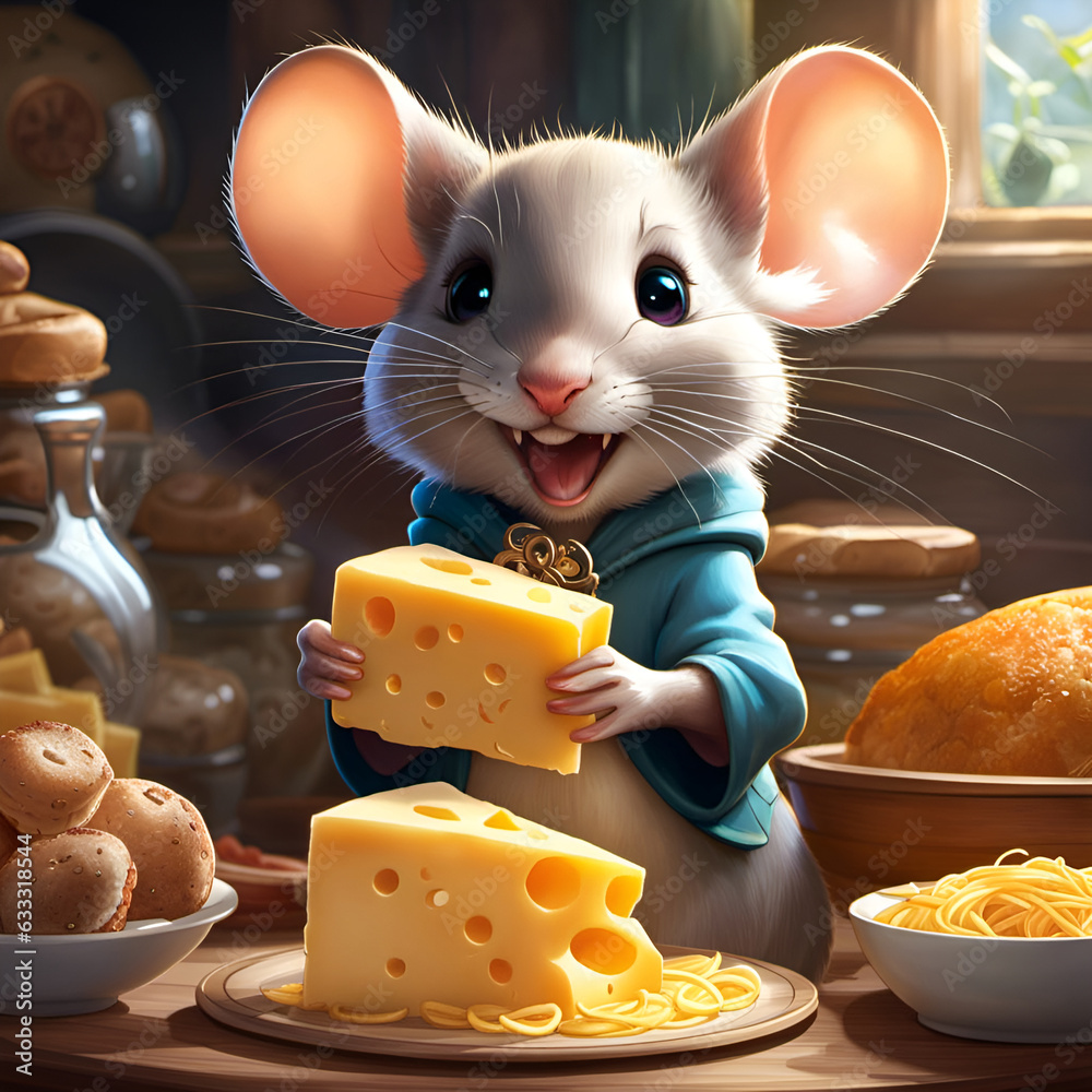 Cartoon mouse holding a large wedge of cheese. Cute happy mouse ...