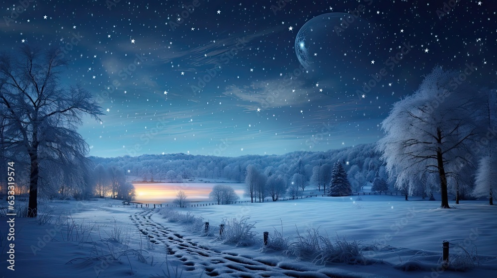Chilly and frosty winter night illuminated by the radiant presence of a ...