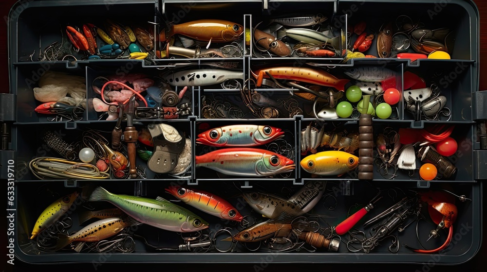Close-up of a fisherman's tackle box, revealing a colorful array of ...