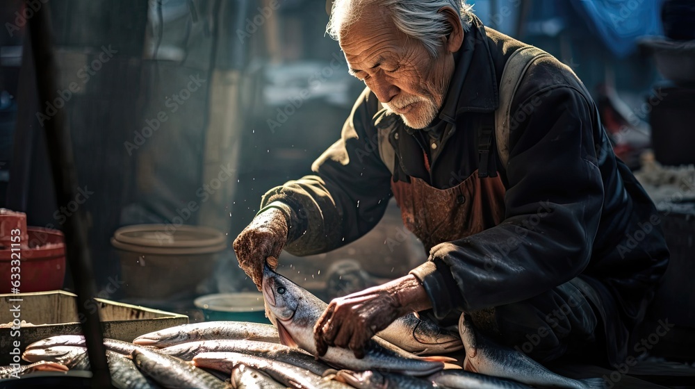 Fisherman expertly cleans and guts a recently caught fish, his focus on ...