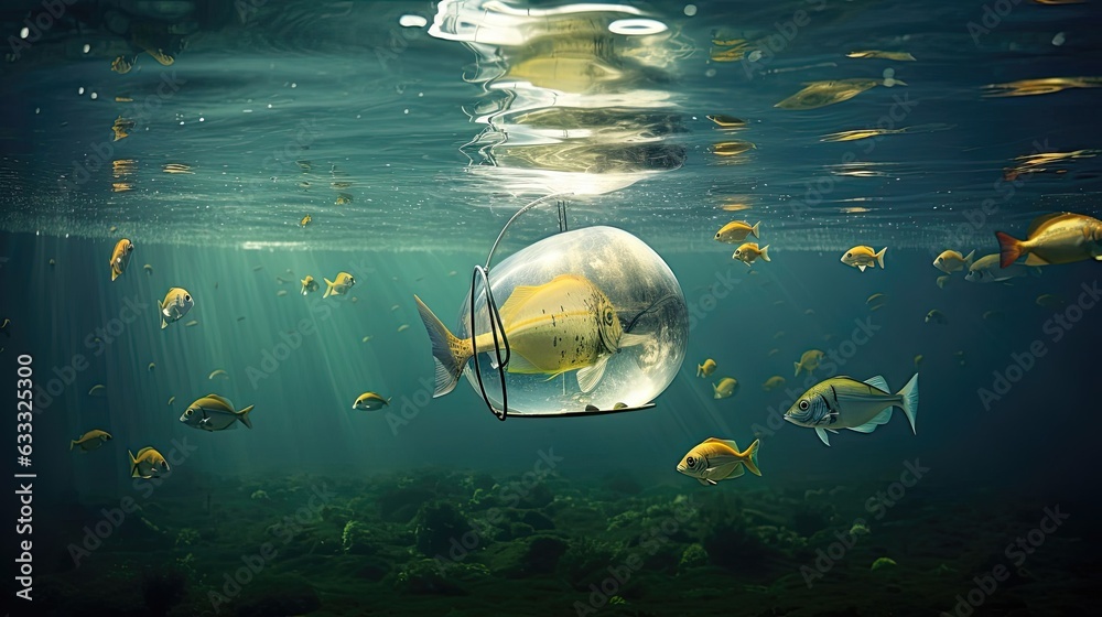 Underwater world as you observe a fisherman's float gently bobbing on ...