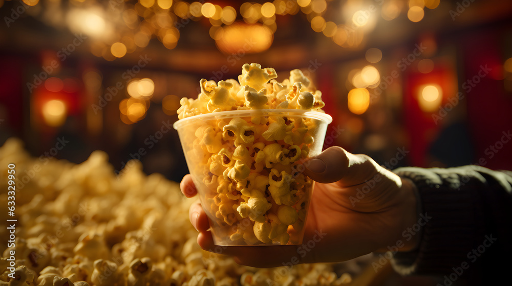 hand holding bucket of popcorn with cinema background Stock Photo ...