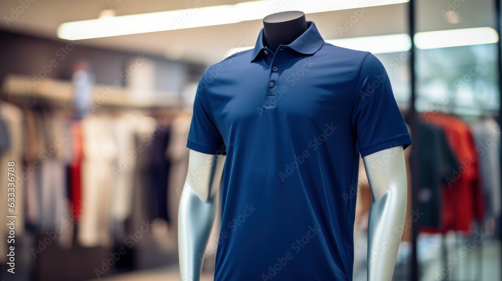Dark blue polo shirt worn on a mannequin in a minimalist style, with a ...