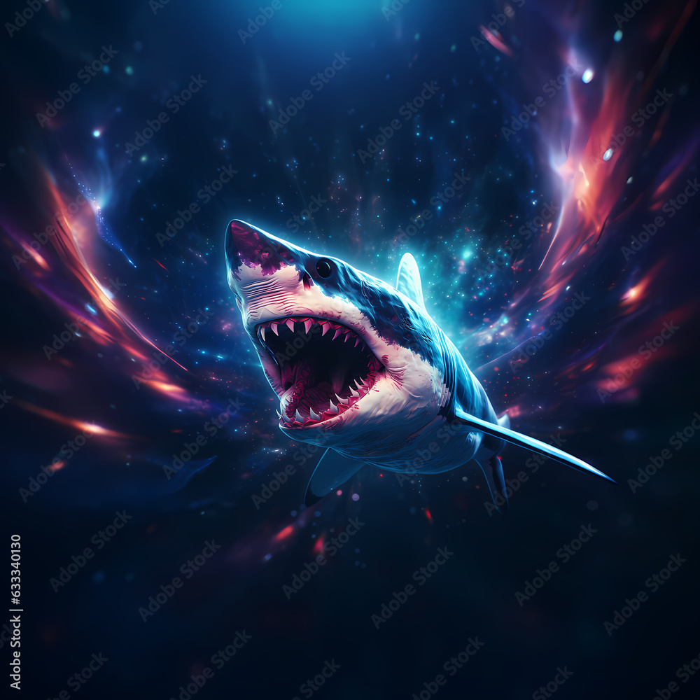 Aggressive attacking neon shark face, front view, on milky way galaxy ...
