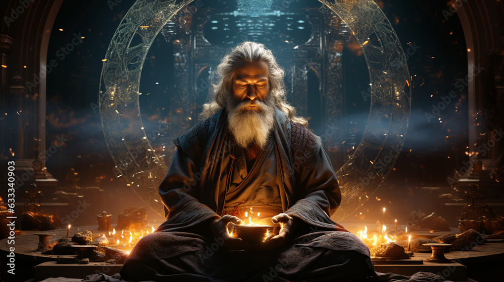 Divine Visions: Man Praying and Meditating in Cosmic Realm Stock Photo ...