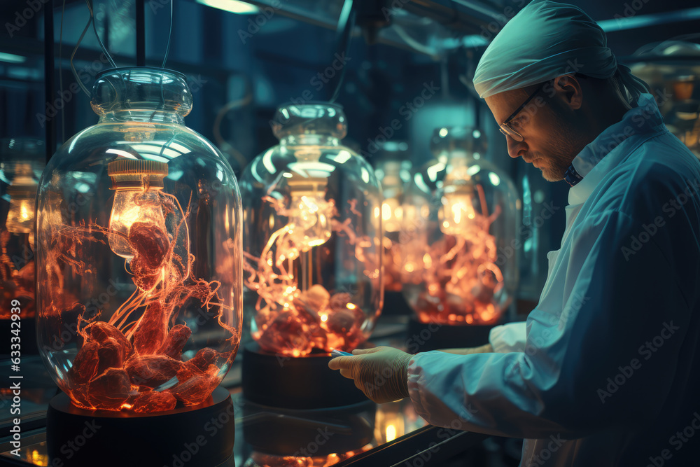 A biotech laboratory cultivating lab-grown organs and tissues, ai ...