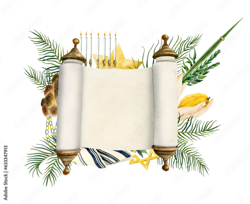 Blank Torah scroll and Sukkot symbols banner tempate watercolor ...