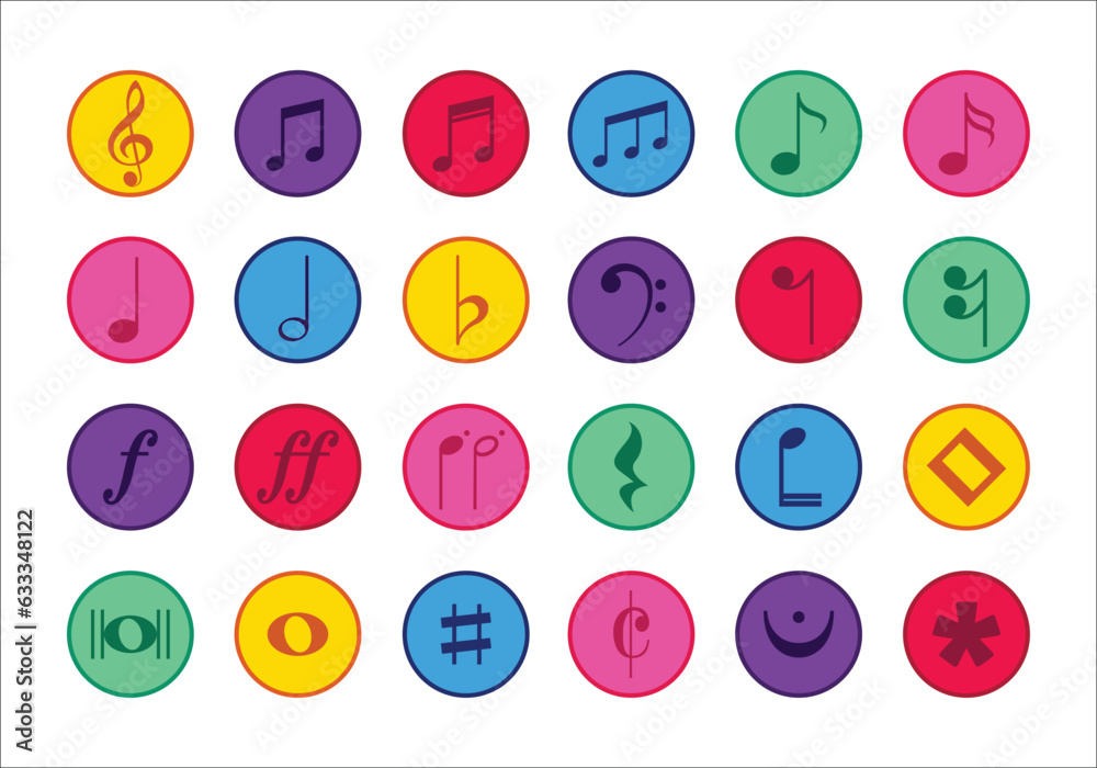 Vetor de Musical symbols and stave icon set. Collection of music note ...