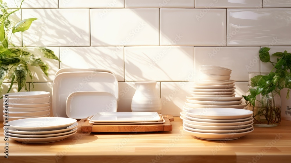 Wood countertop kitchen white cabinet counter, stacks of plates in ...