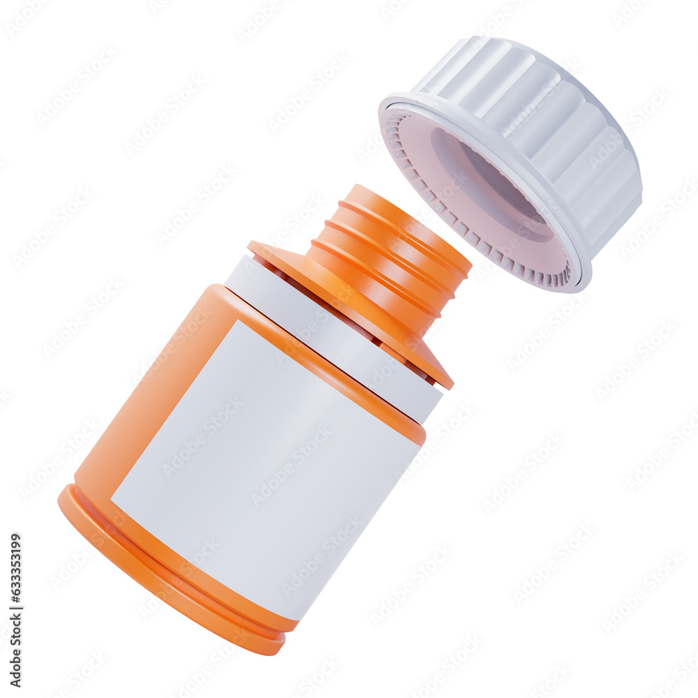 Plastic orange pill bottle with blank label and open cup afloat ...