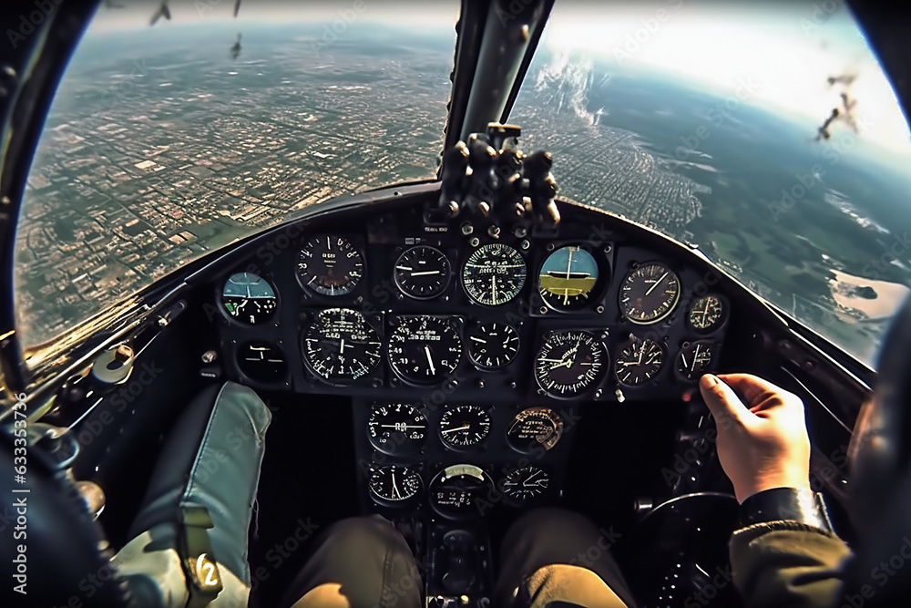 Through the cockpit window, a breathtaking view unfolds as the fighter ...