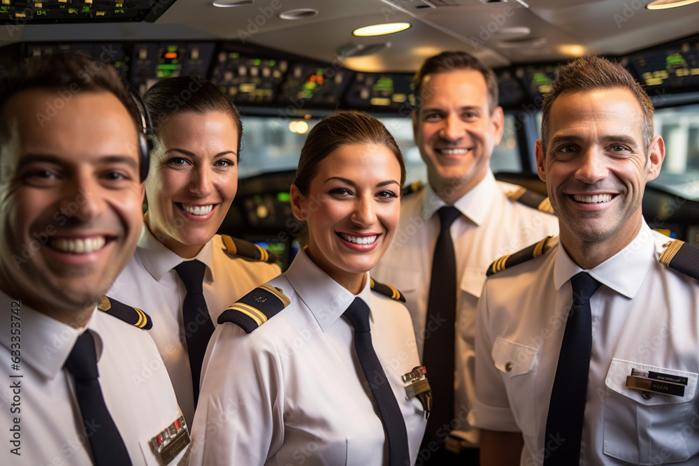 The pilots and crew of a modern airliner smile for a group photo ...
