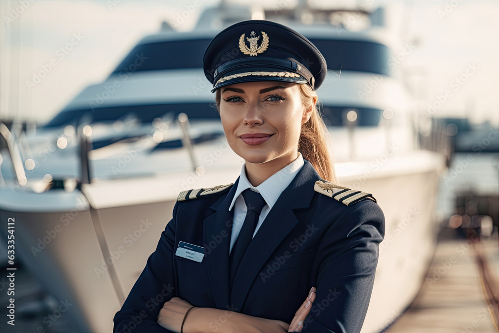 confident captain woman standing in front of a luxury yacht. The ...
