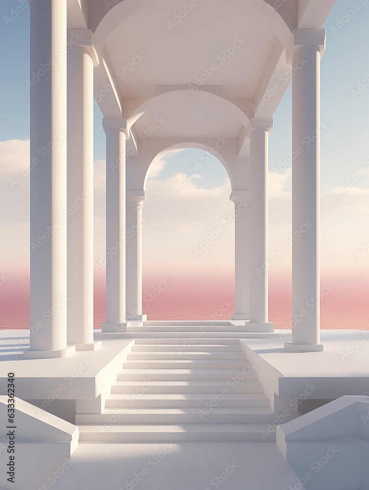 Surreal white building with columns and a staircase stands against the ...