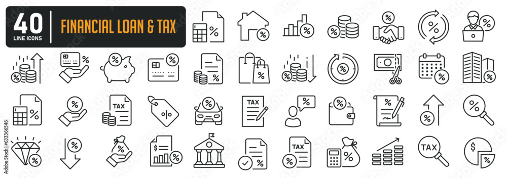 Financial loan and tax line icons. Editable stroke. For website marketing design, logo, app ...