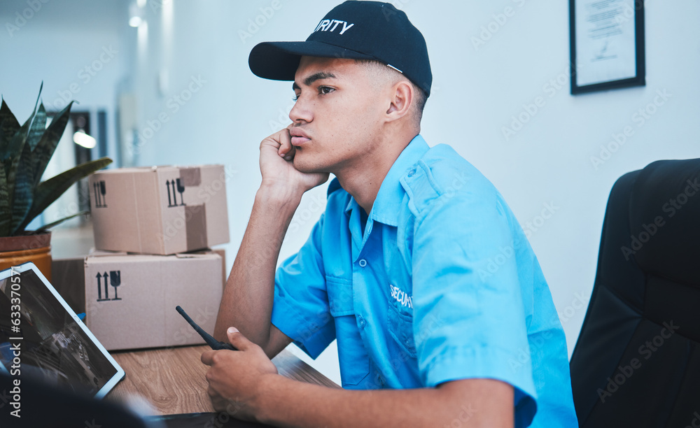 Stockfoto Safety, surveillance and a bored man security guard sitting ...