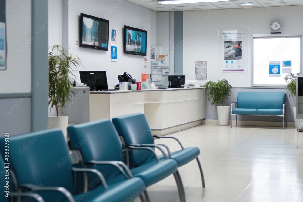 Hospital waiting room with reception counter at medical facility. Stock ...