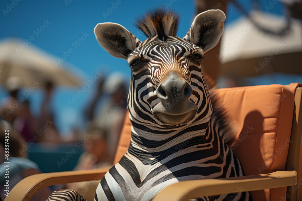 Portrait of relaxed, funny zebra animal smiling and enjoying sunbathing ...
