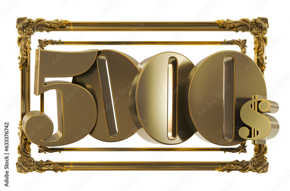 3D render of gold 5000 dollars on a golden frame isolated on ...