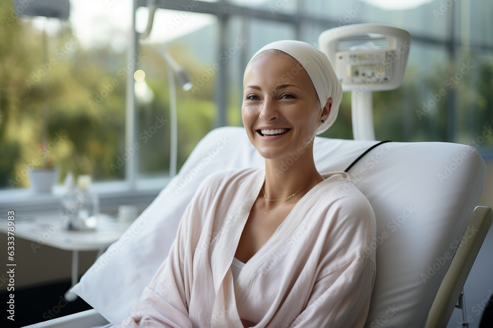 Bald mature woman smiling in cancer hospital bed. Stock Photo | Adobe Stock