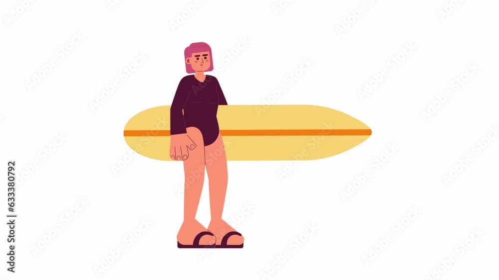 Surfer girl holding surfboard 2D character animation. Surf board female ...