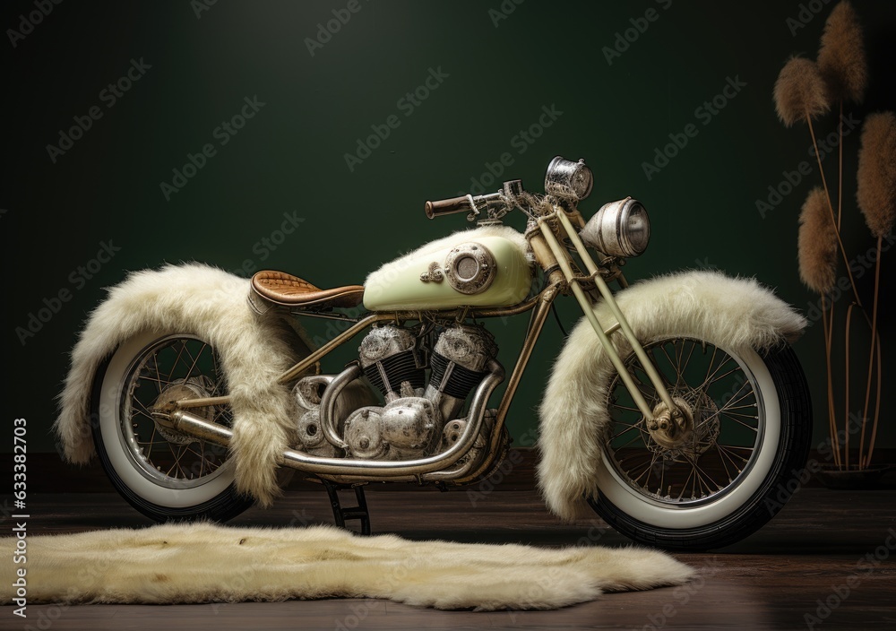 Motorcycle on Fur Rug in Midcentury Modern Style with Maternity ...
