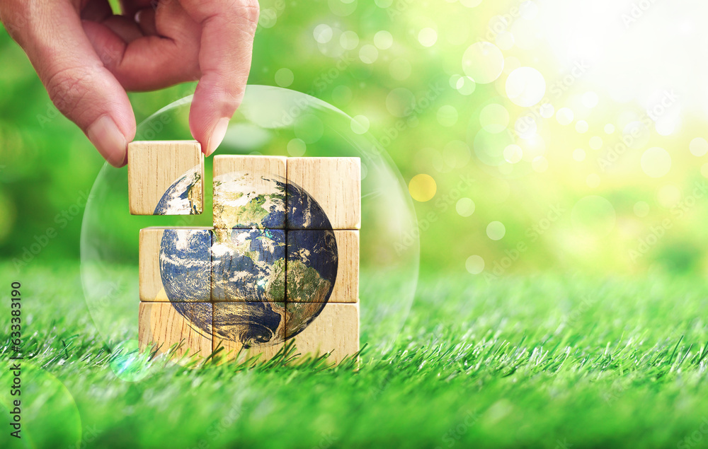 Hand puts wooden cubes with earth globe for choosing safe world, save ...