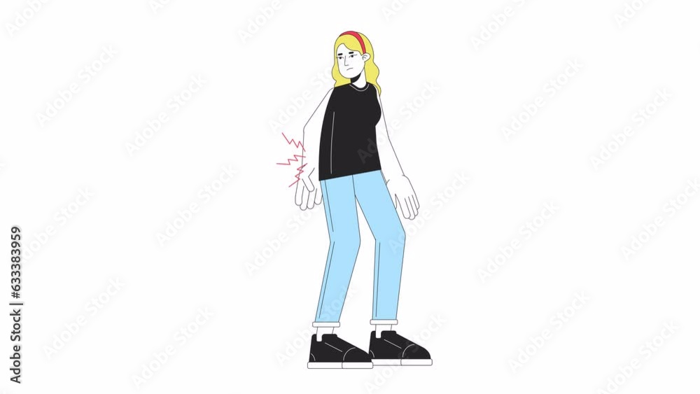 Backache woman line cartoon animation. Caucasian female with lower back ...